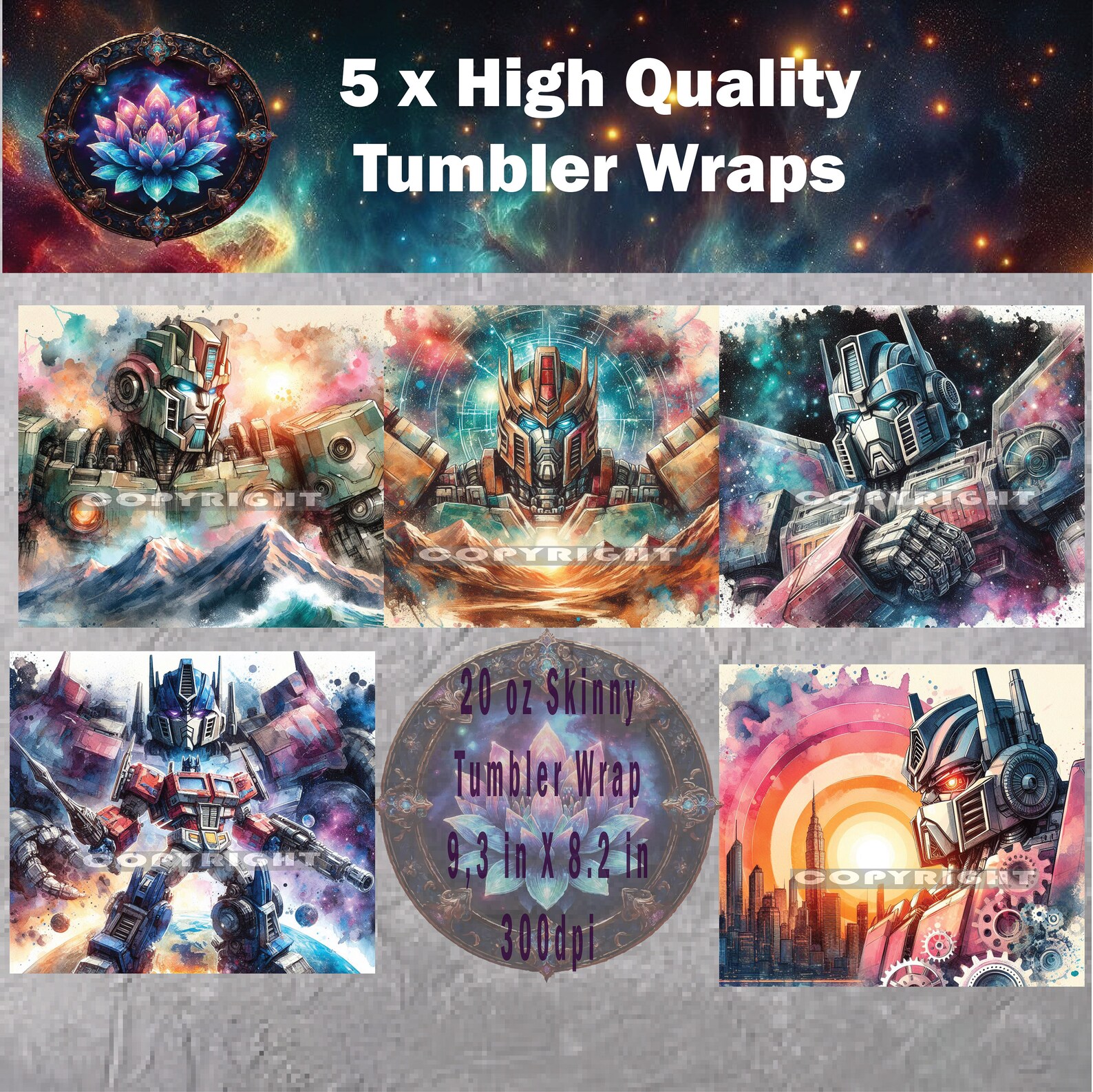 Transformers Bundle, 5 X 20oz Skinny Vibrant Colorful Tumbler Wraps ...
