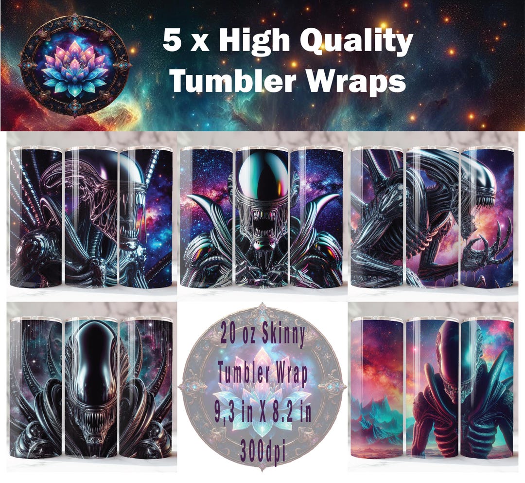 Alien Xenomorph Tumbler Wrap, 5 X 20oz Skinny Vibrant Colorful Tumbler ...