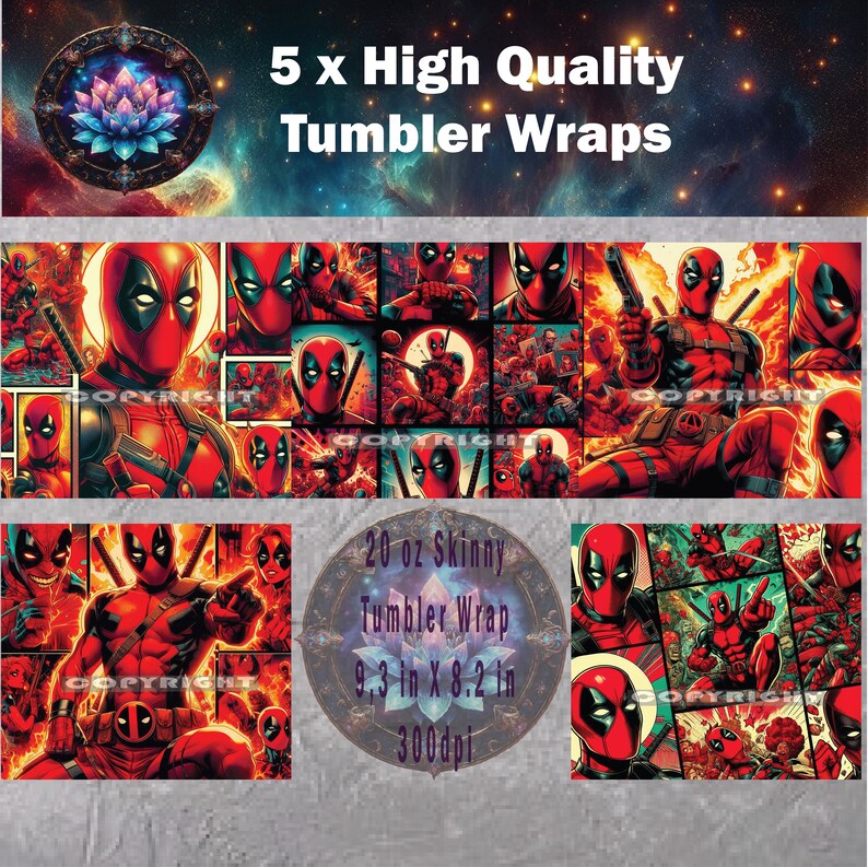 Deadpool Tumbler Wrap, 5 X 20oz Skinny Vibrant Colorful Tumbler Wraps ...