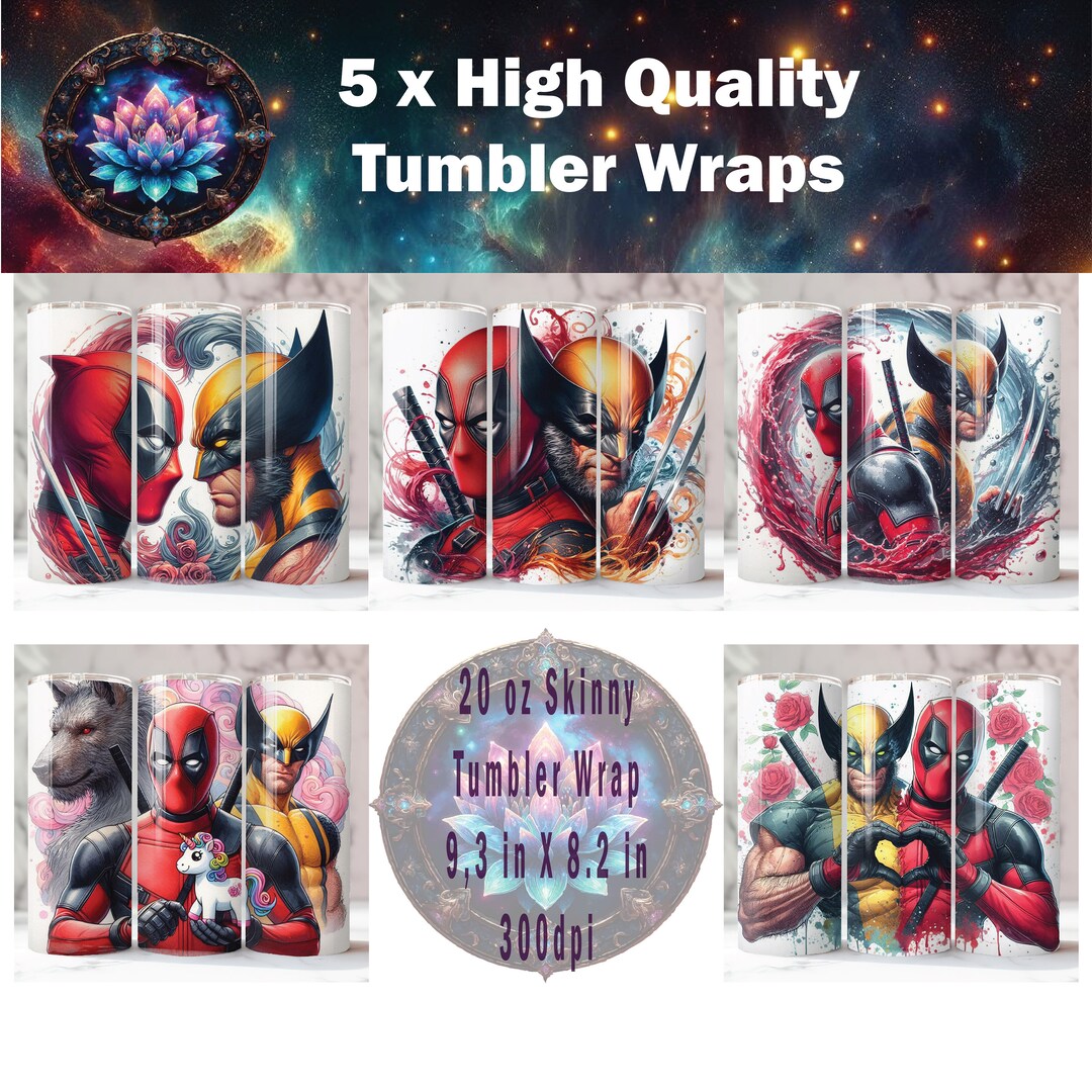 Deadpool and Wolverine, 5 X 20oz Skinny Vibrant Colorful Tumbler Wraps ...