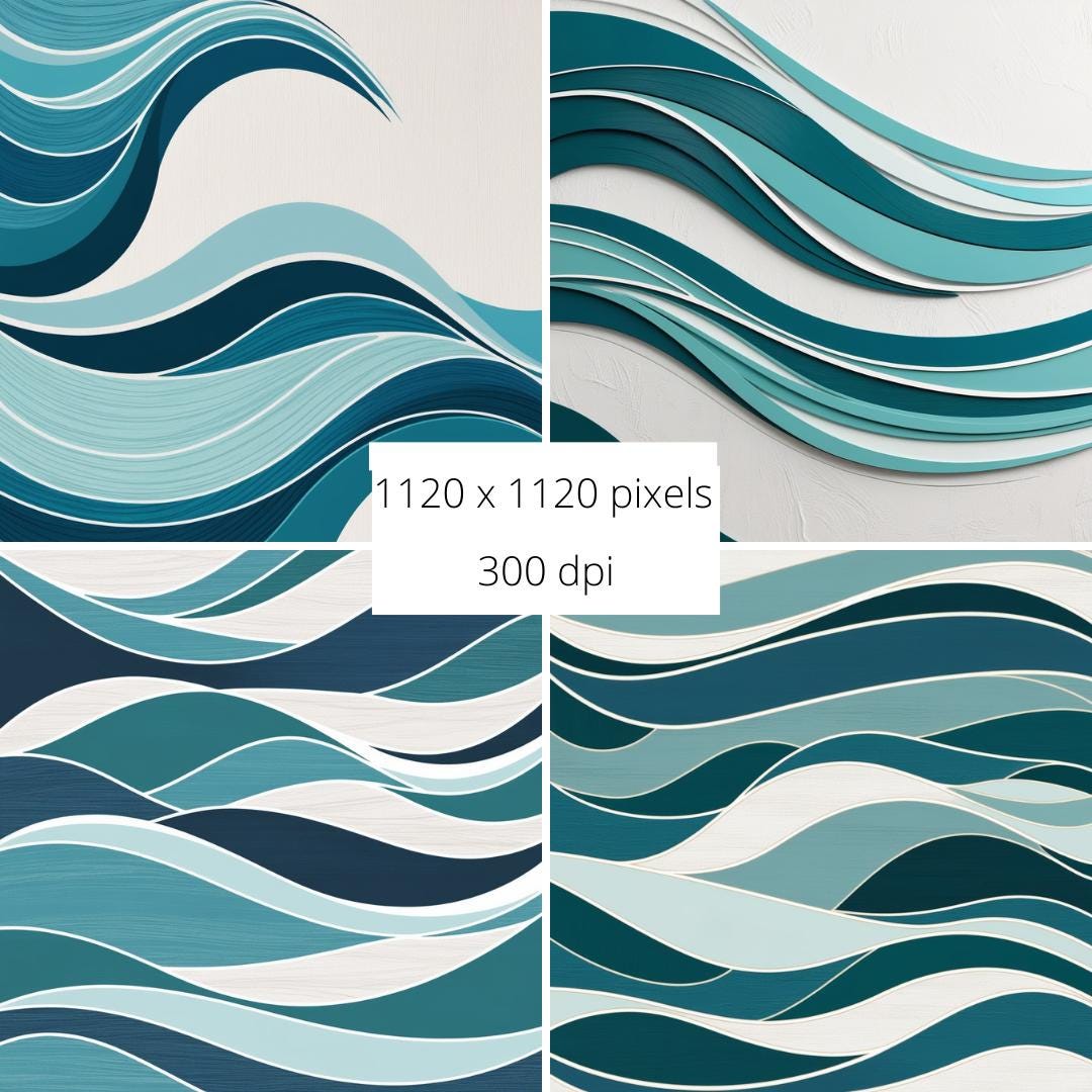 Modern Ocean Waves Digital Art Bundle, 4 Pack Abstract Sea Wave Designs ...