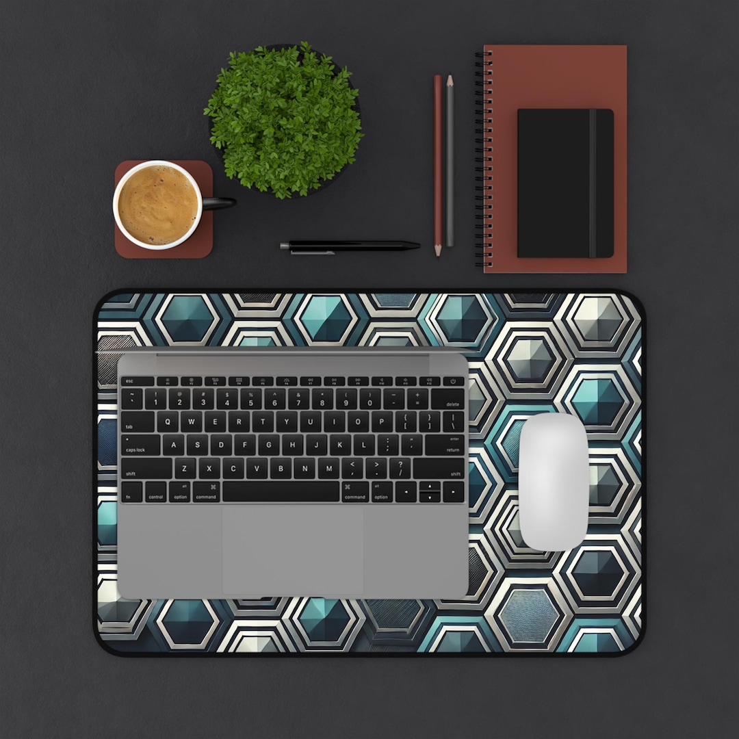 Hexagon Geometric Desk Mat – Blue and Gray Modern Design, Non-slip ...