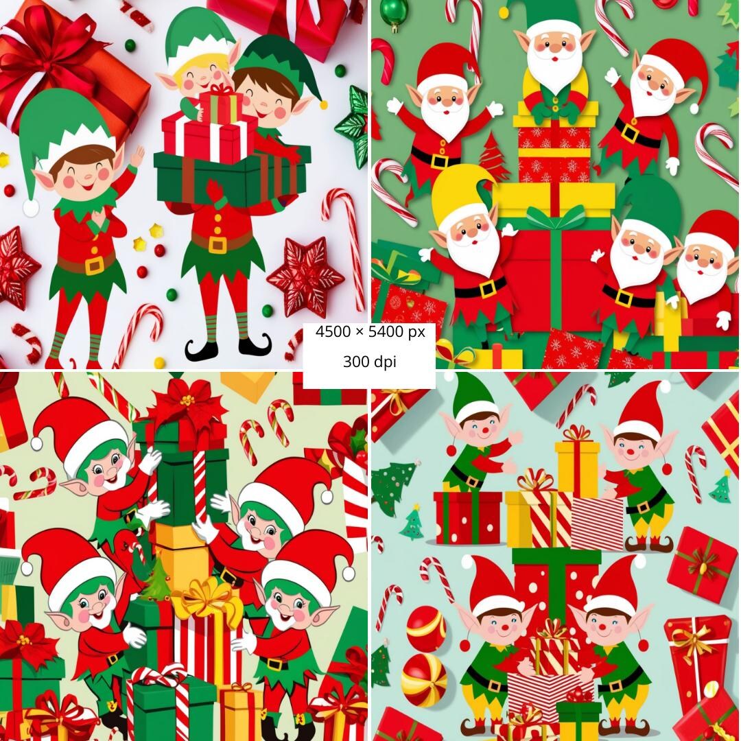 Christmas Elves Digital Art Bundle, 4-pack High-resolution Holiday ...