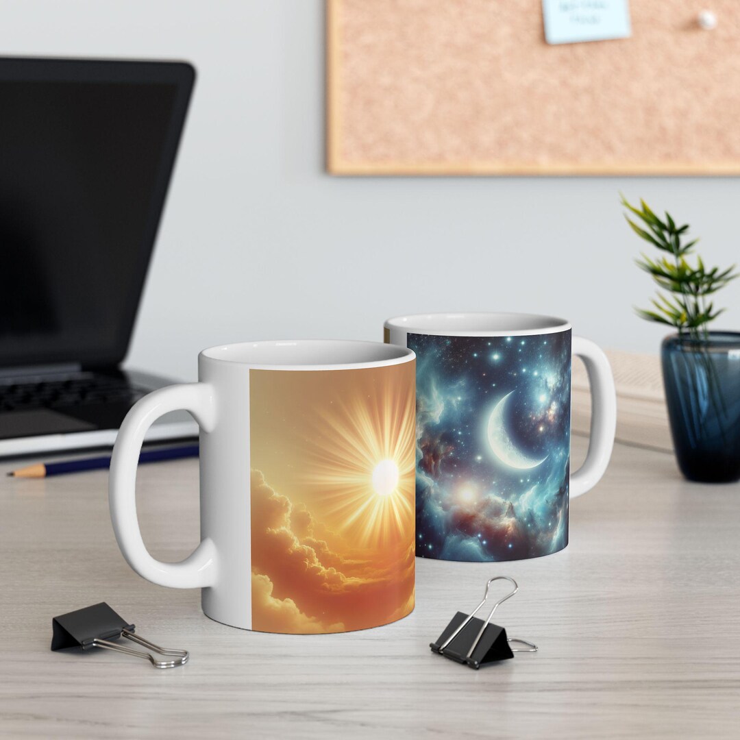 Celestial Sun & Moon Mug Dual-sided Ceramic Coffee Cup Mystical Cosmic ...