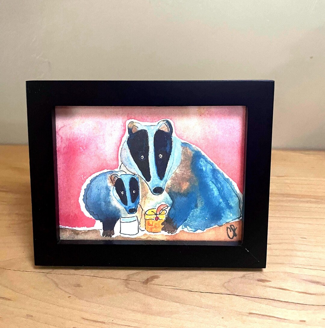 Badger Mom and Child Having a Drink Framed Watercolor Print 3x4”, by ...