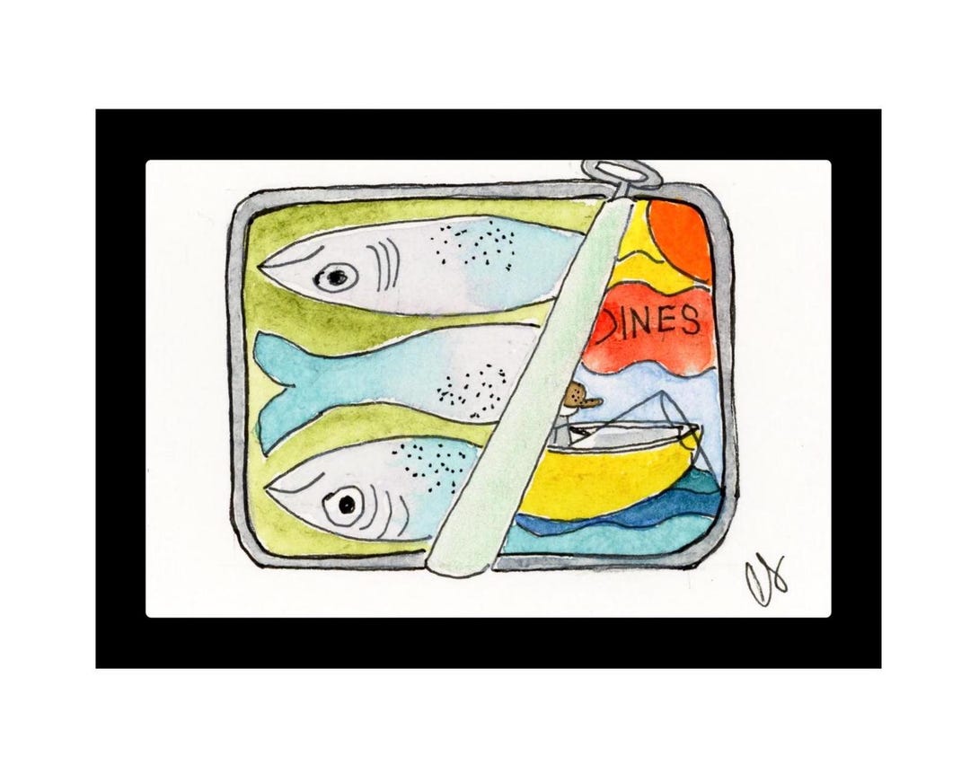 Sardine Can #2 With Fisherman Framed Watercolor Print 3x4”, by Cathy ...