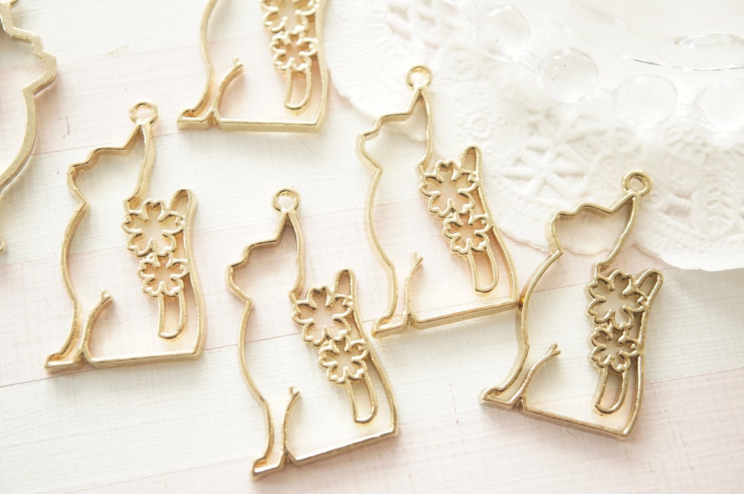 5 Pcs Open Back Bezel Charms / Sitting Cat With Cherry Blossom ...