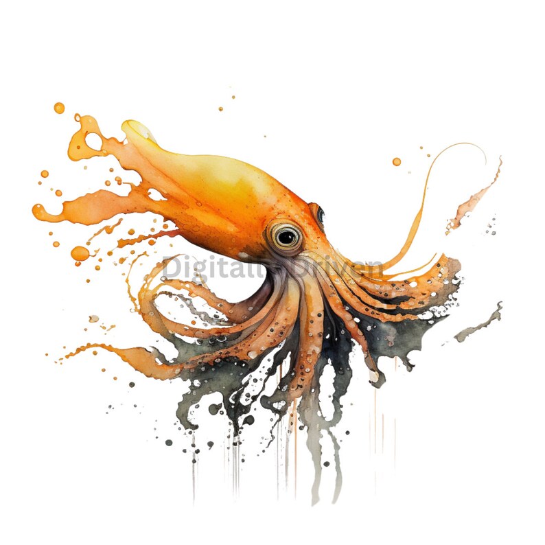 Watercolor Octopus and Squid Clipart, Ocean Animals, 10 PNG, Instant ...