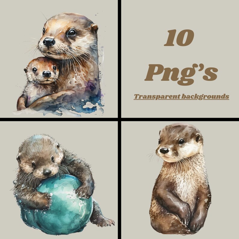 Cute Watercolor Otter Clipart, 10 PNG, Sea Animal, Aquatic Life ...