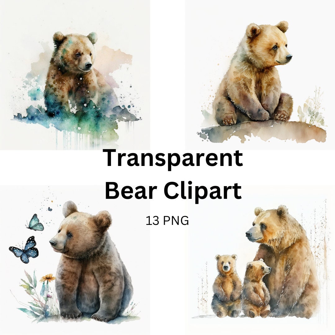 Cute Brown Bear Watercolor Clipart, 13 Png's, Transparent Background ...