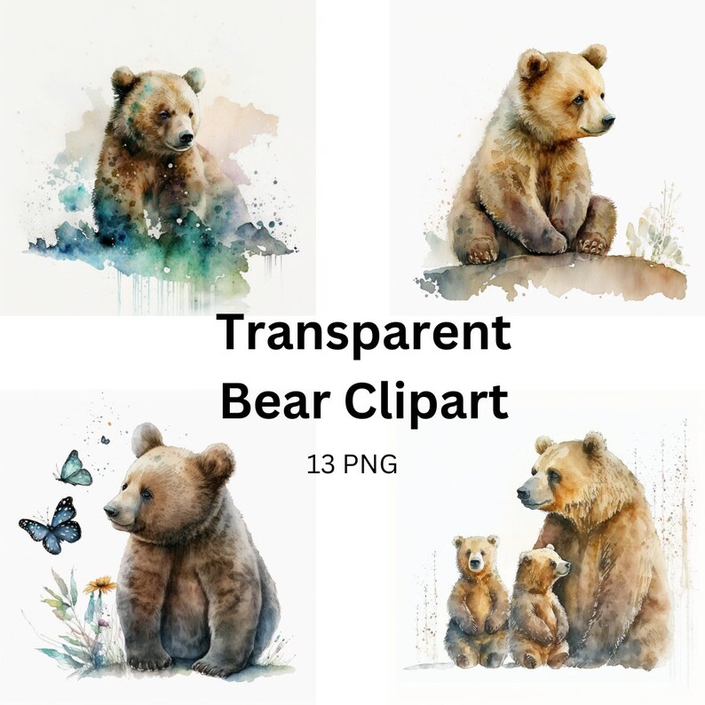 Cute Brown Bear Watercolor Clipart, 13 Png's, Transparent Background ...