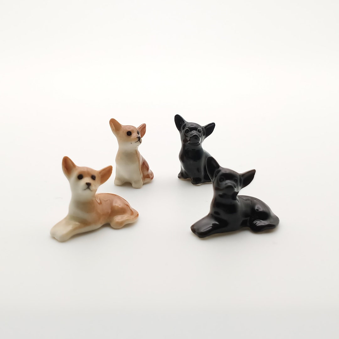 2 Tiny Chihuahua Dog Figurines Ceramic Animal Miniature Statue ...