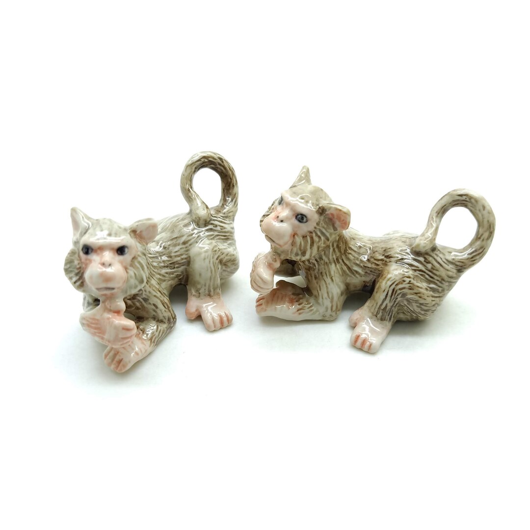 Set of 2 Monkey Figurine Ceramic Animal Brown Chopstick Holder Statue ...