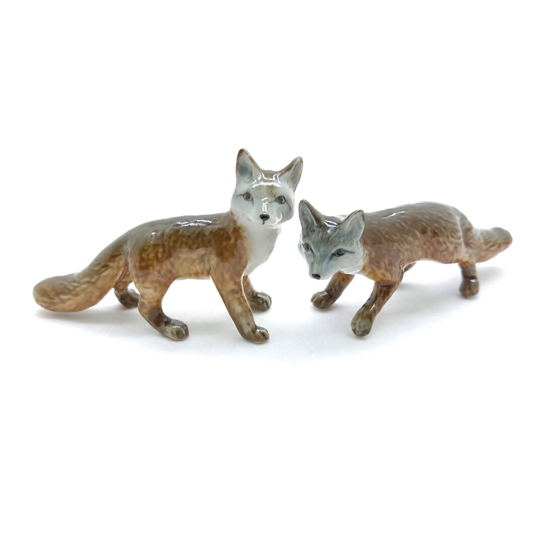 Set of 2 Fox Ceramic Animal Figurine Miniature Statue - Etsy