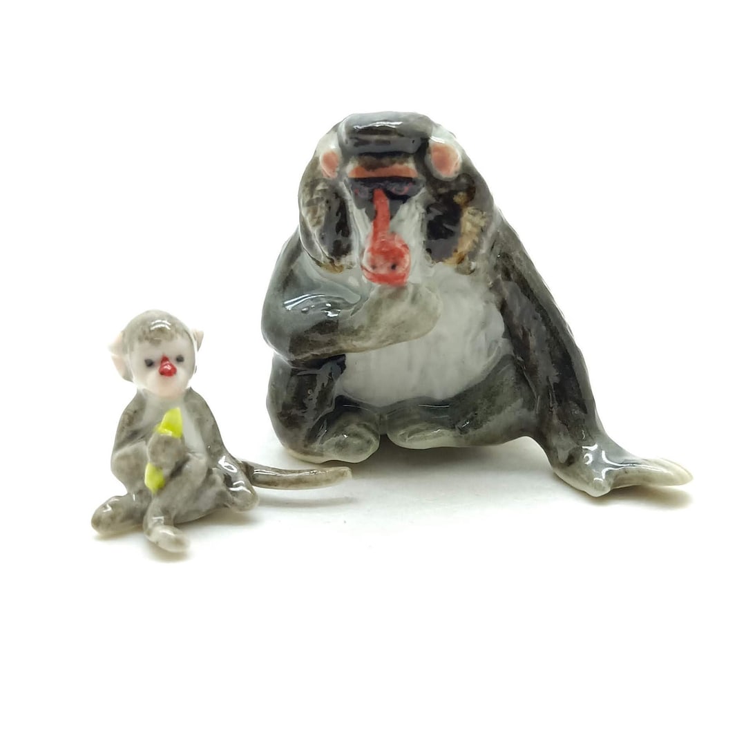 Mother Baboon and Baby Monkey Ceramic Figurines Wild Animal Miniature ...