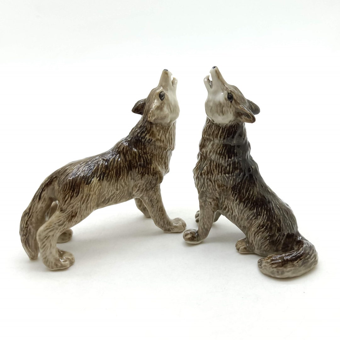 2 Ceramic Wolf Figurines: Perfect for Animal Lovers, Pet Owners, Home ...