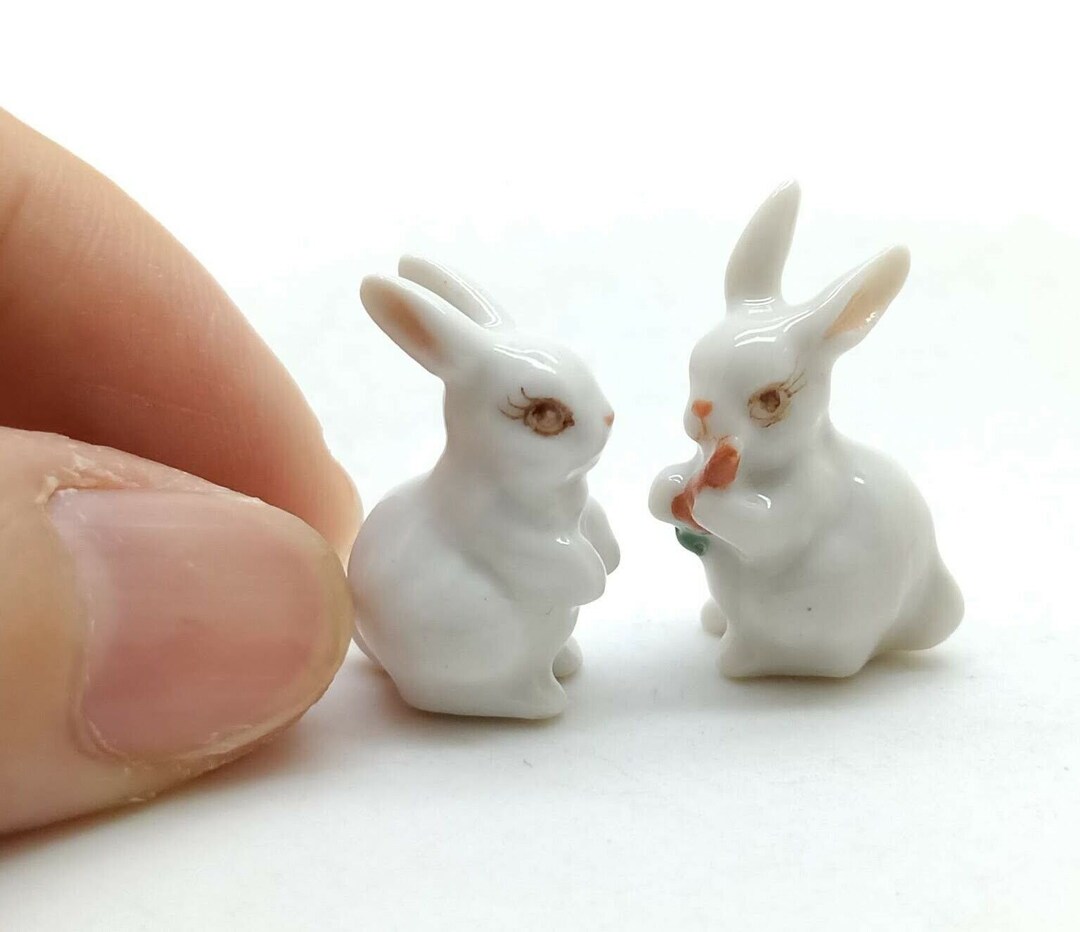 Set of 2 Tiny White Rabbit Figurine Ceramic Animal Dollhouse - Etsy