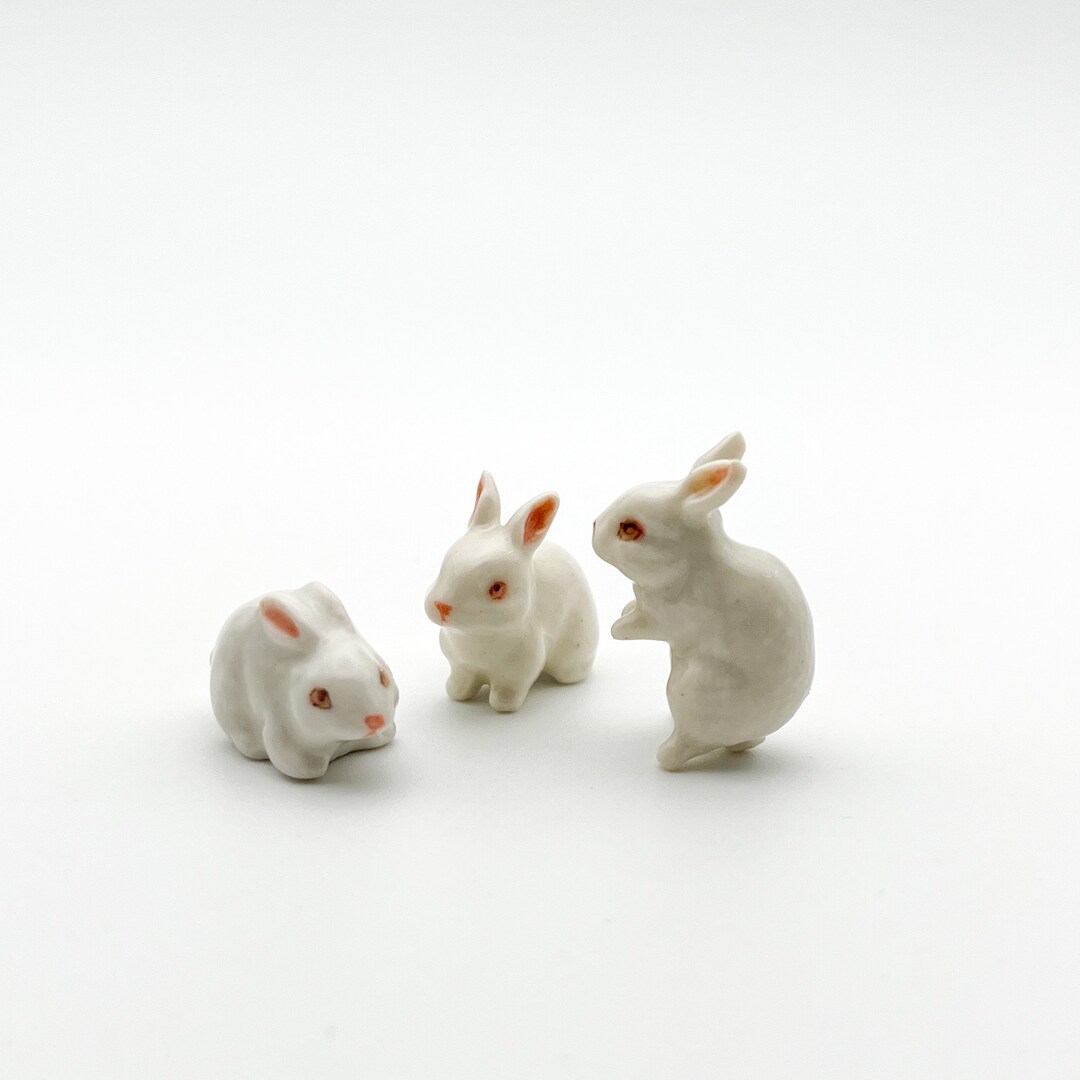 Set of 3 Tiny White Rabbit Figurine Ceramic Animal Dollhouse Miniature ...