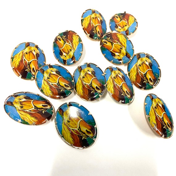 12 Vintage Tin Lithograph Palomino Horse Pins - Gem