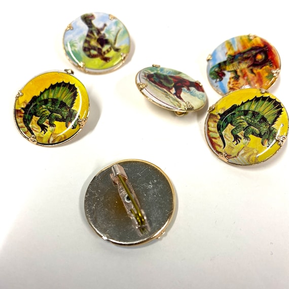 6 Vintage Tin Lithograph Prehistoric Dinosaur Pins - Gem