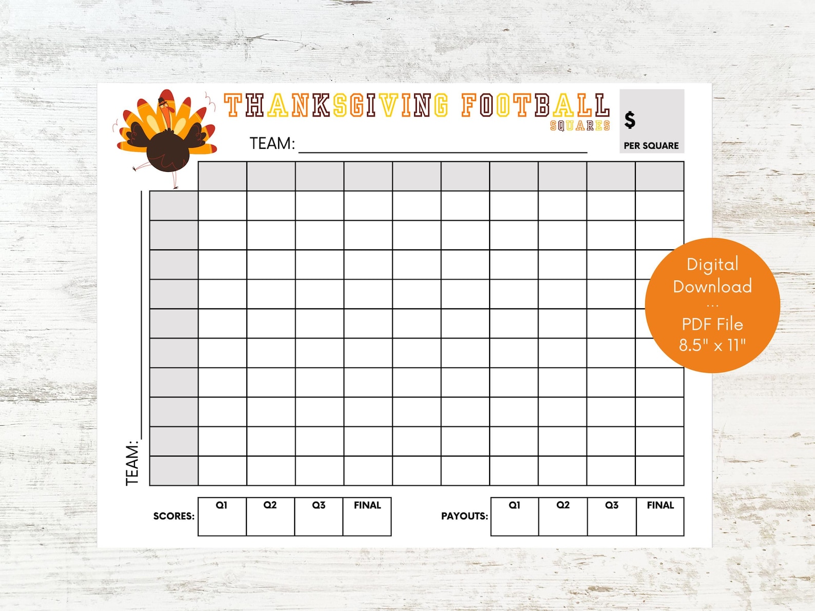 Thanksgiving Day Football Squares Printable, 100 Square Football Grid ...