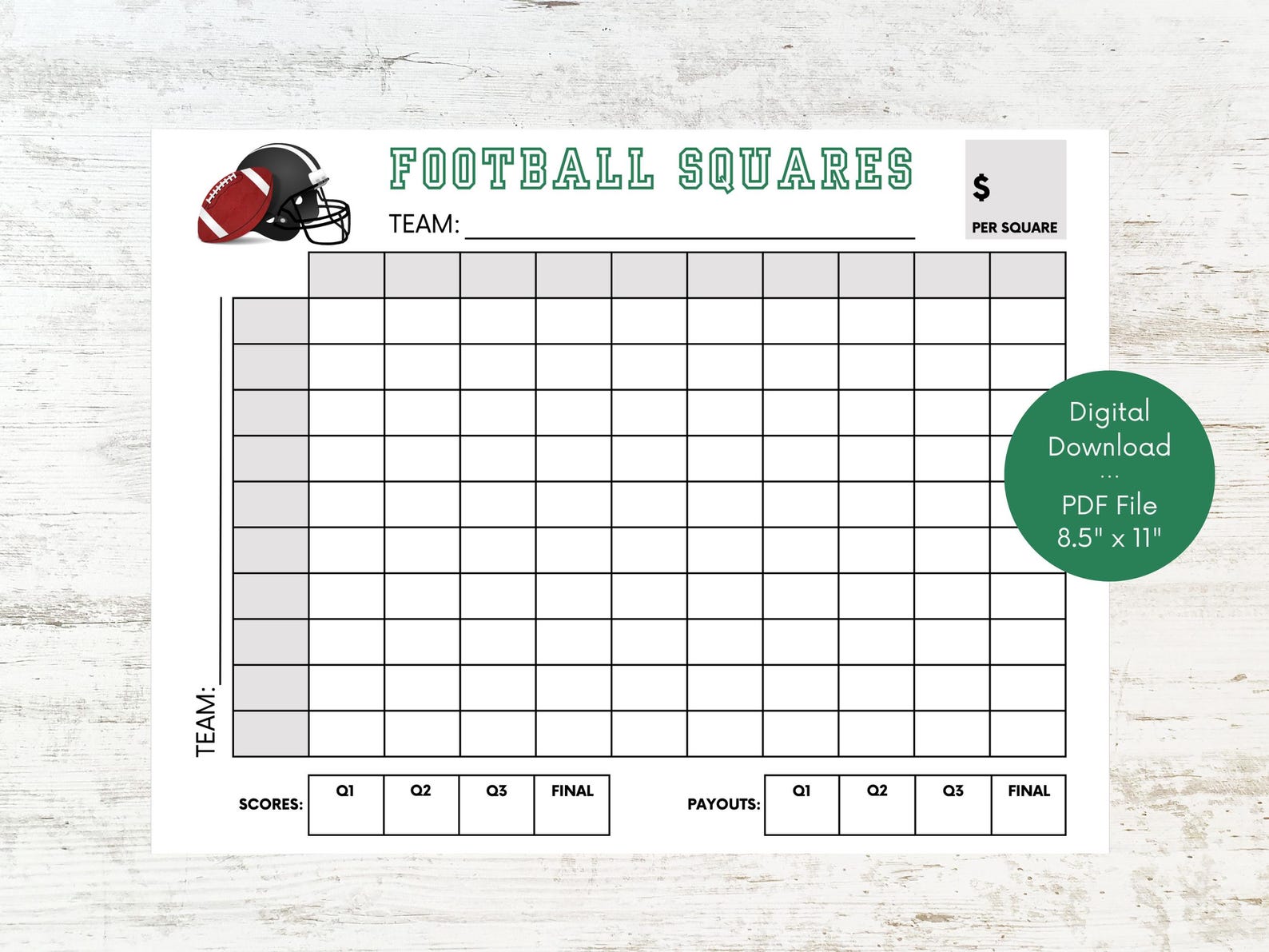 Football Squares Printable, 100 Square Football Grid, Football Party ...