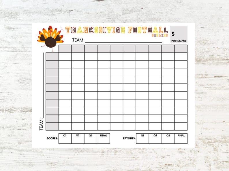 Thanksgiving Day Football Squares Printable, 100 Square Football Grid ...