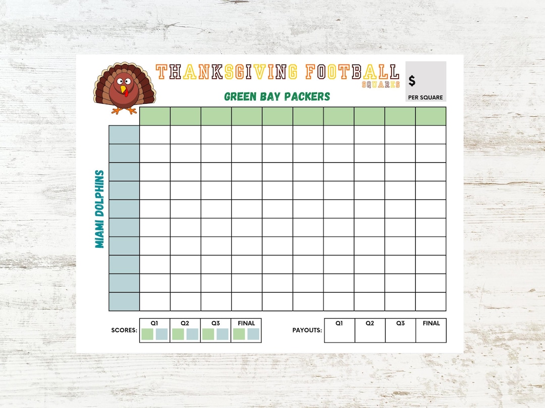 Thanksgiving Day 2024 Football Squares Printable, Football Packers Vs ...