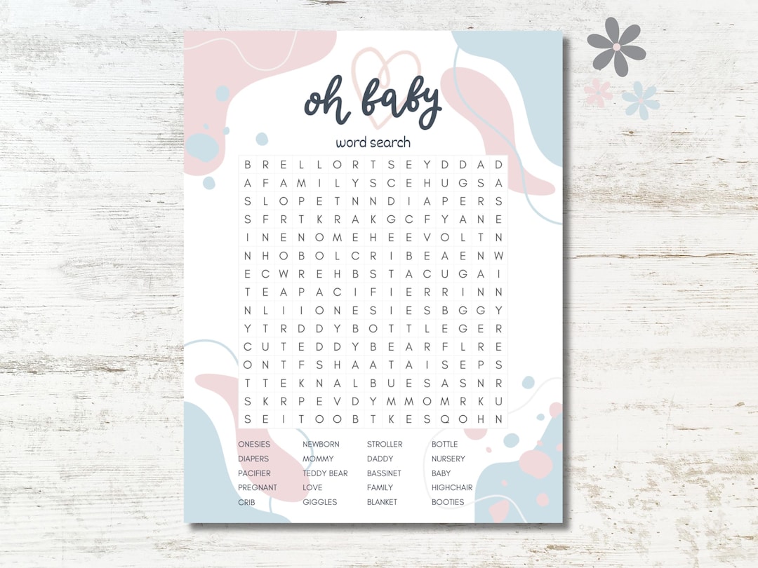 Oh Baby Word Search Printable, Pink and Blue Baby Shower Printable ...