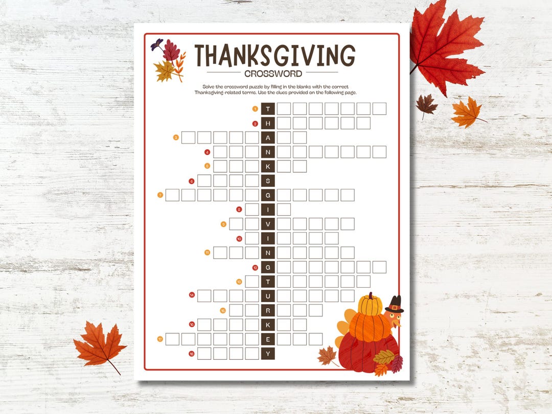 Thanksgiving Crossword Puzzle Game Printable, Thanksgiving Printable ...