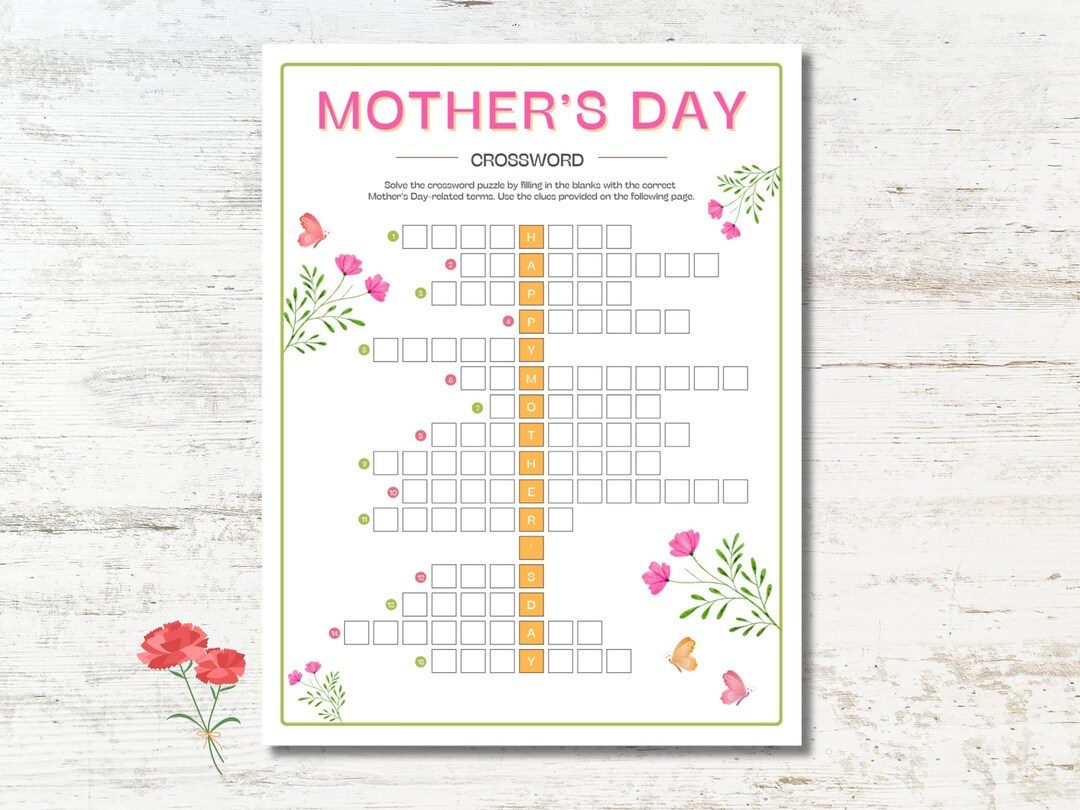 Mother's Day Crossword Printable, Mother's Day Printable Games, Mom's ...