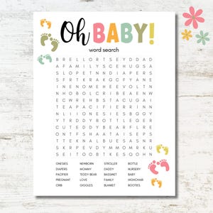 Baby Shower Word Search Printable, Baby Shower Games, Footprints Baby ...