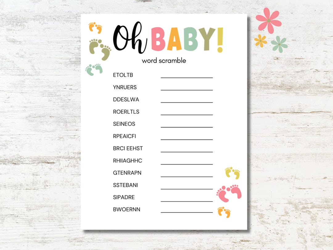 Baby Shower Word Scramble Printable, Baby Shower Games, Footprints Baby ...