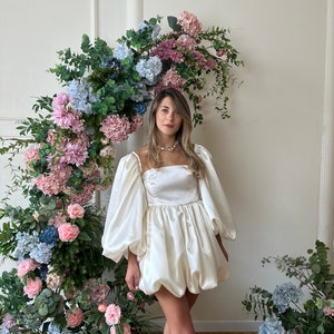 Pouf Sleeve Wedding Dress, Cocktail Elegant Dress, White Mini Dress ...