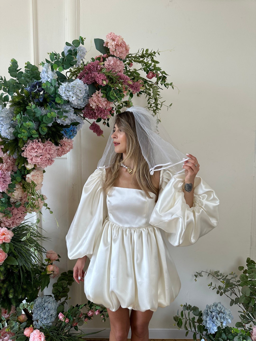 Pouf Sleeve Wedding Dress, Cocktail Elegant Dress, White Mini Dress ...