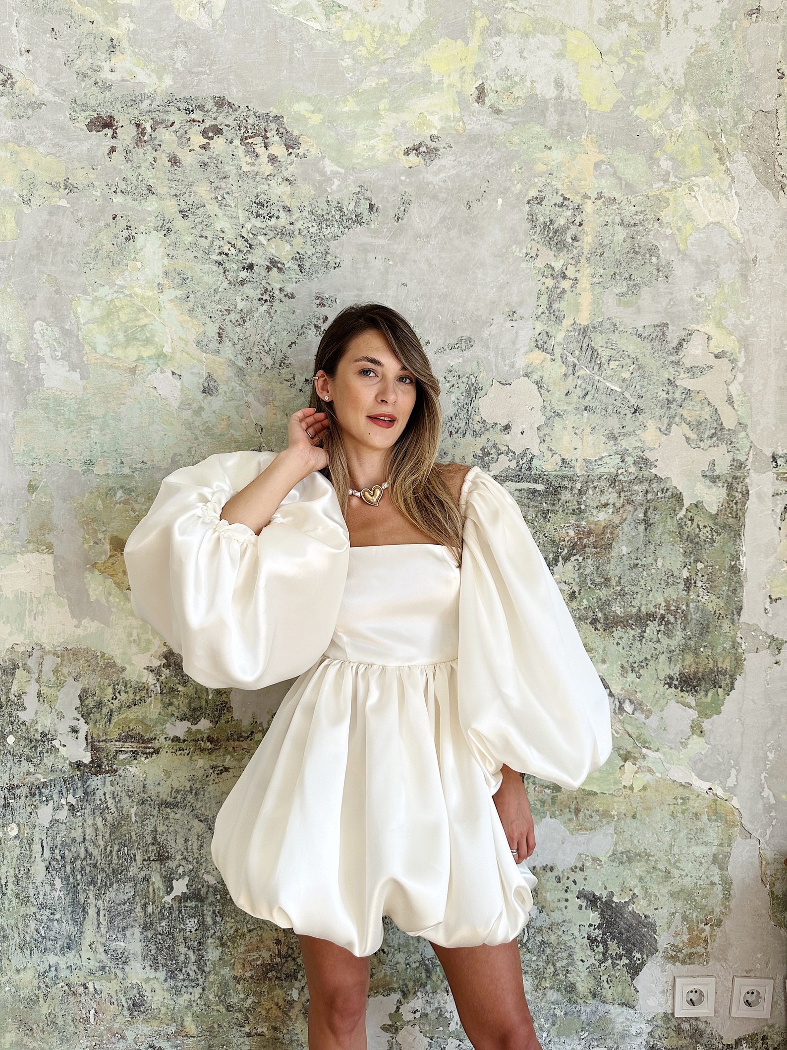 Pouf Sleeve Wedding Dress, Cocktail Elegant Dress, White Mini Dress ...