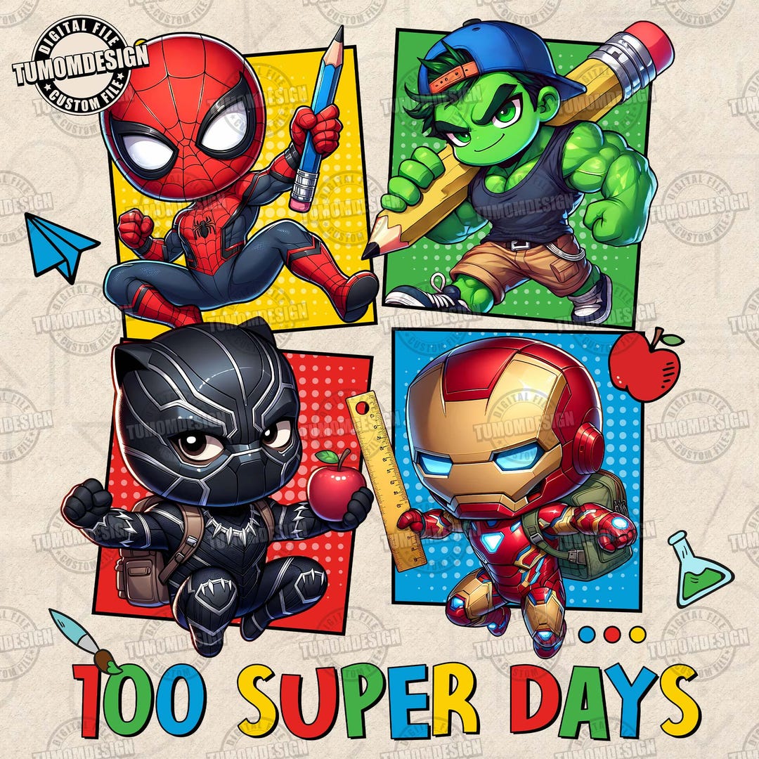 Superhero 100 Days of School PNG, School 100th Day Cartoon Shirt Png ...