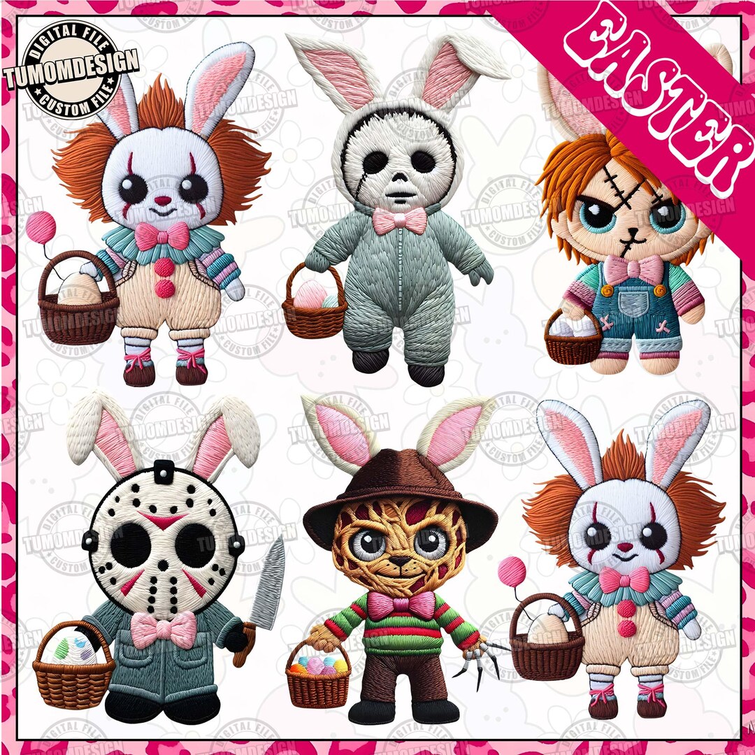Horror Character Embroidery Png Bundle, Retro Easter Horror Bunny ...