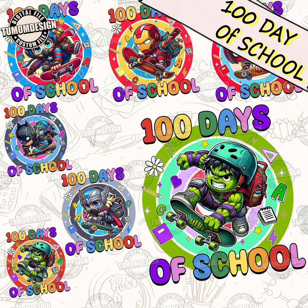 Superhero Cartoon 100 Days of School Bundle, Happy 100 Days of School ...