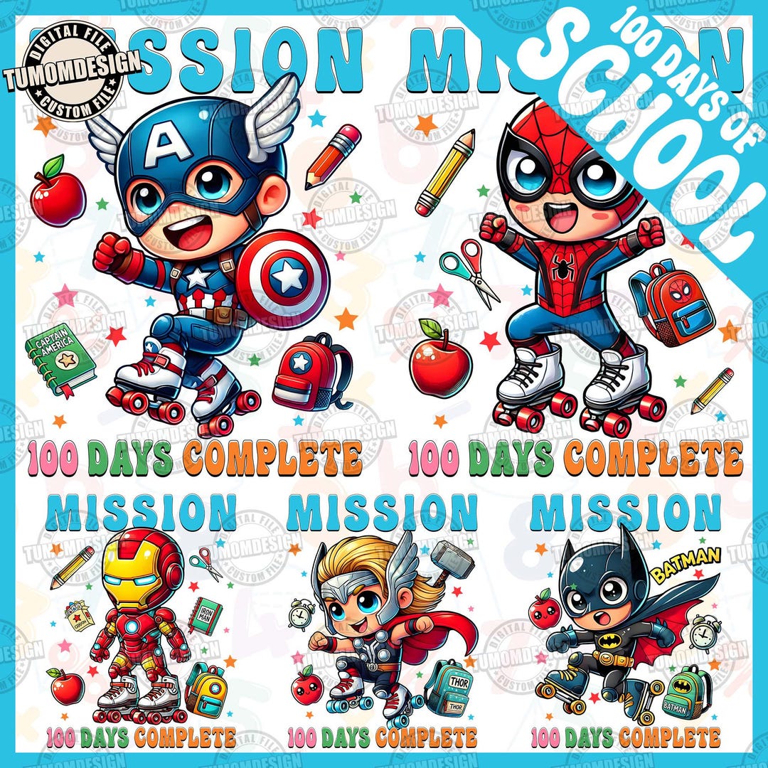 Superhero 100 Days Png Bundle, Mission 100 Days Complete Png, 100 Days ...