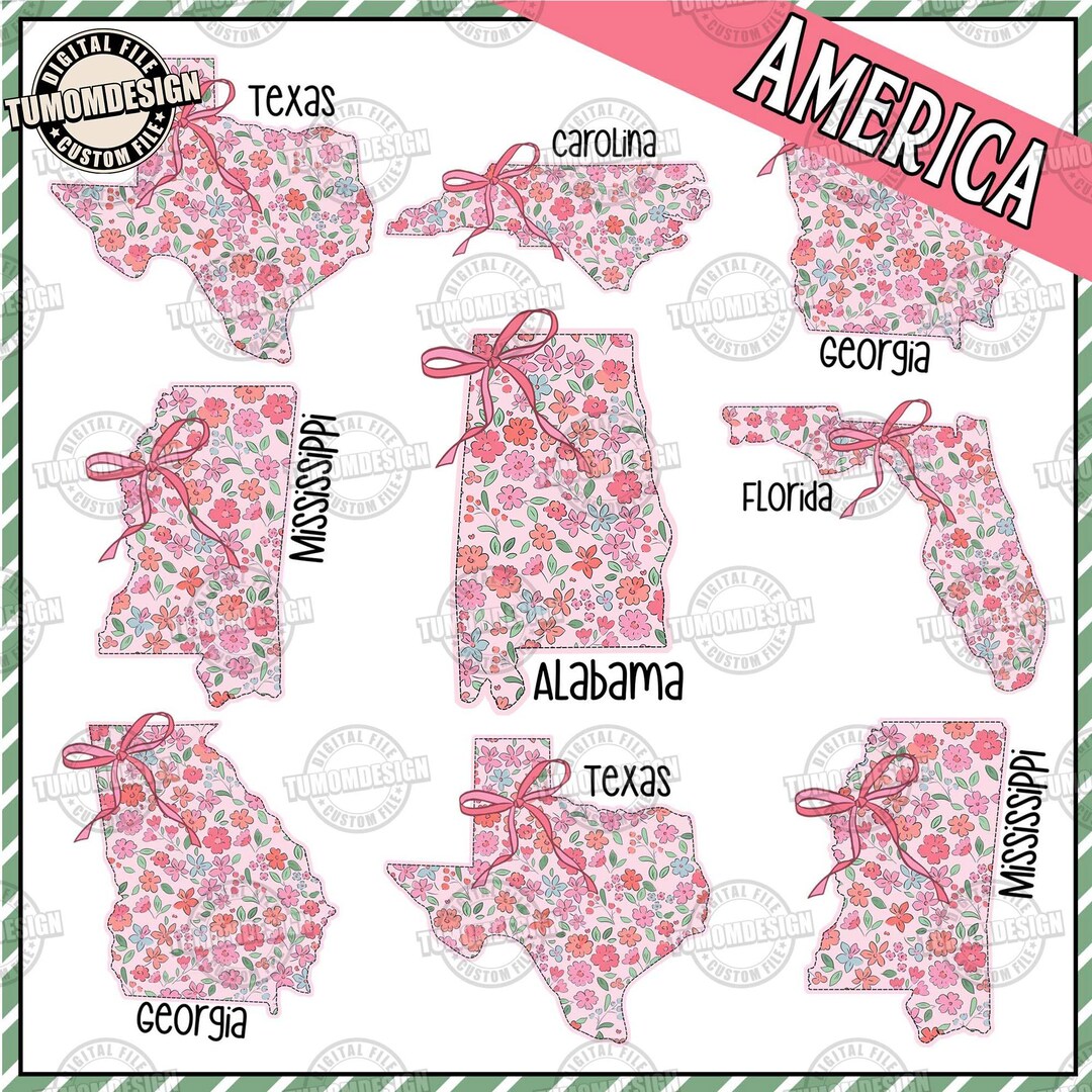 Coquette States Preppy Png Bundle, States Colorful Floral Inspired ...