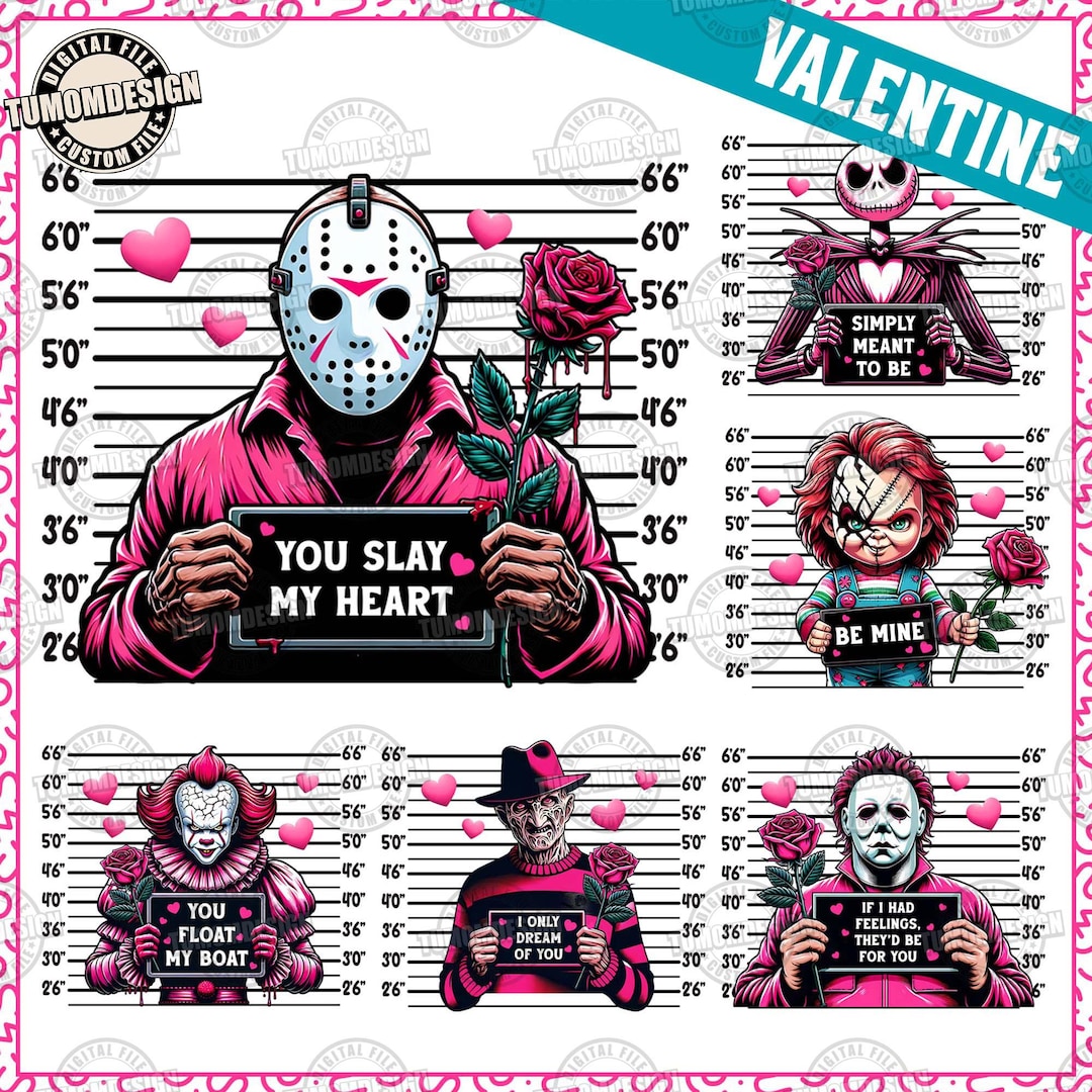 5 Valentine Horror Killers Bundle Png, Pink Heart Valentine Horror ...