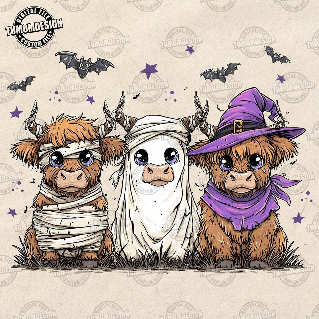 Retro Halloween Highland Cow and Cat Png, Trendy Cute Highland Cow ...