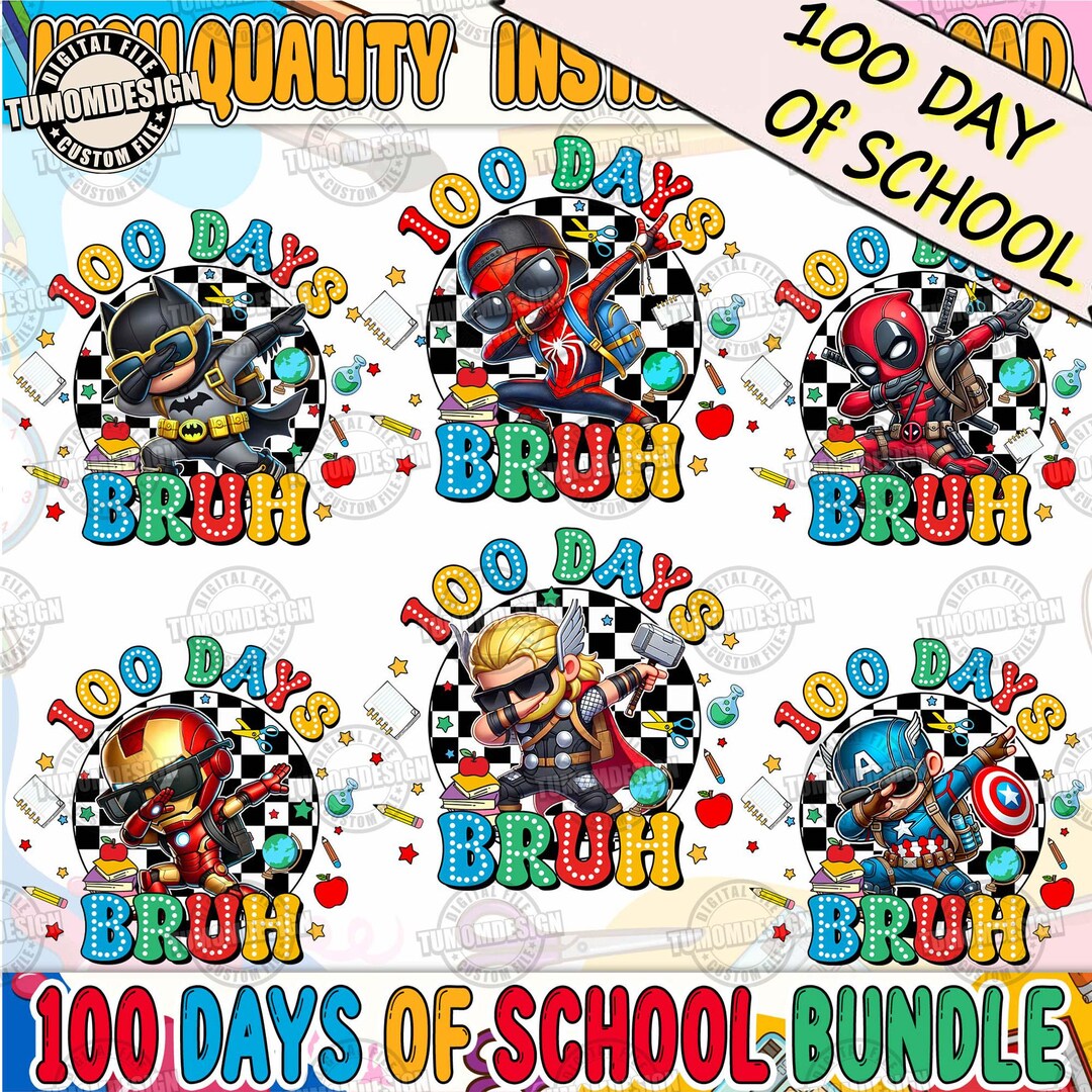 100 Days Cartoon Shirt Png Bundle, Superhero 100 Days Png, 100 Days of ...