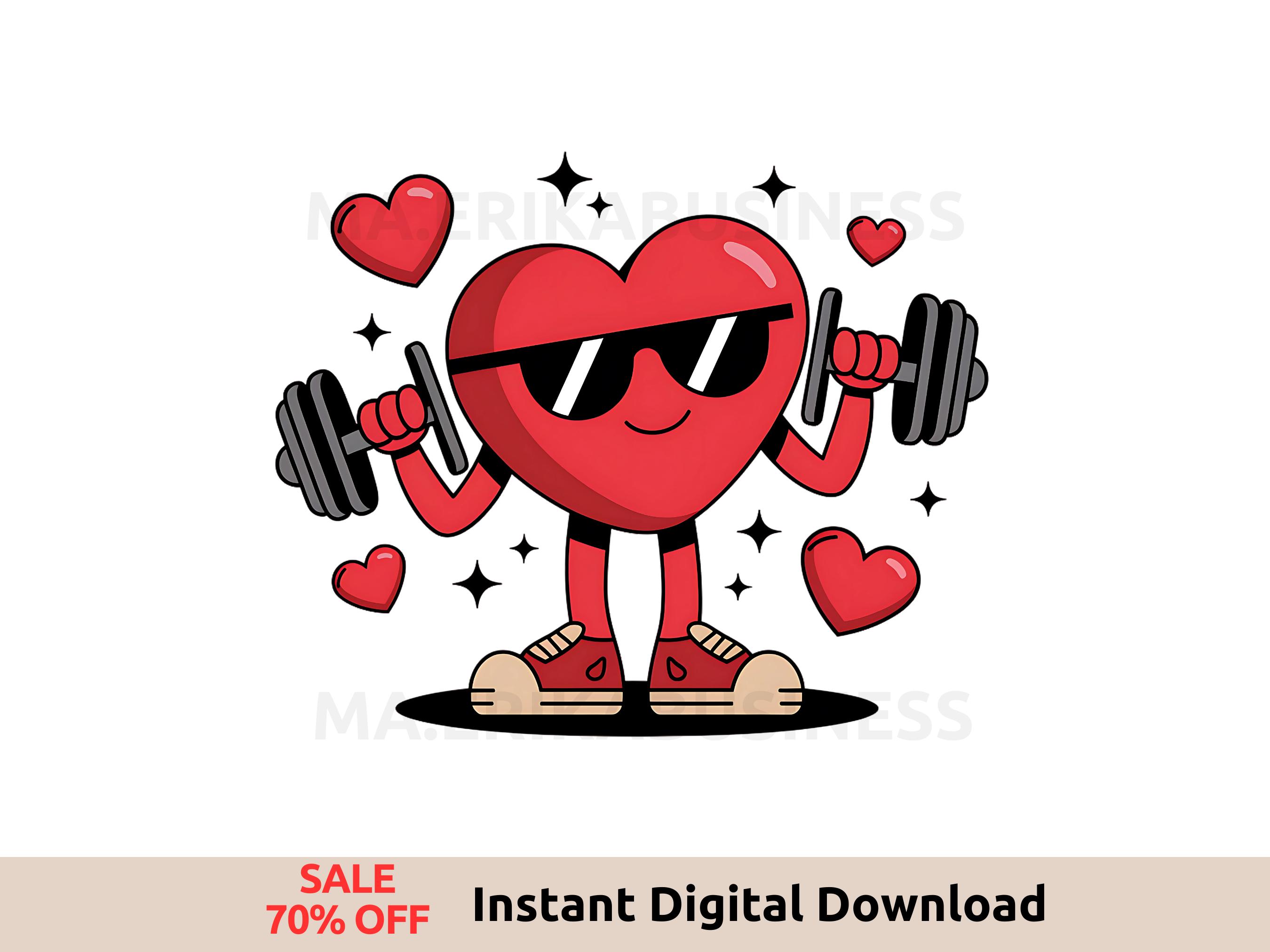 Heart Character Lifting Dumbbells PNG Sublimation, Fitness Clipart for ...