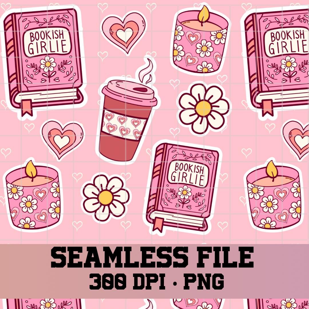 Bookish Girlie Pattern, Girlie Seamless Pattern, Books Seamless Pattern ...