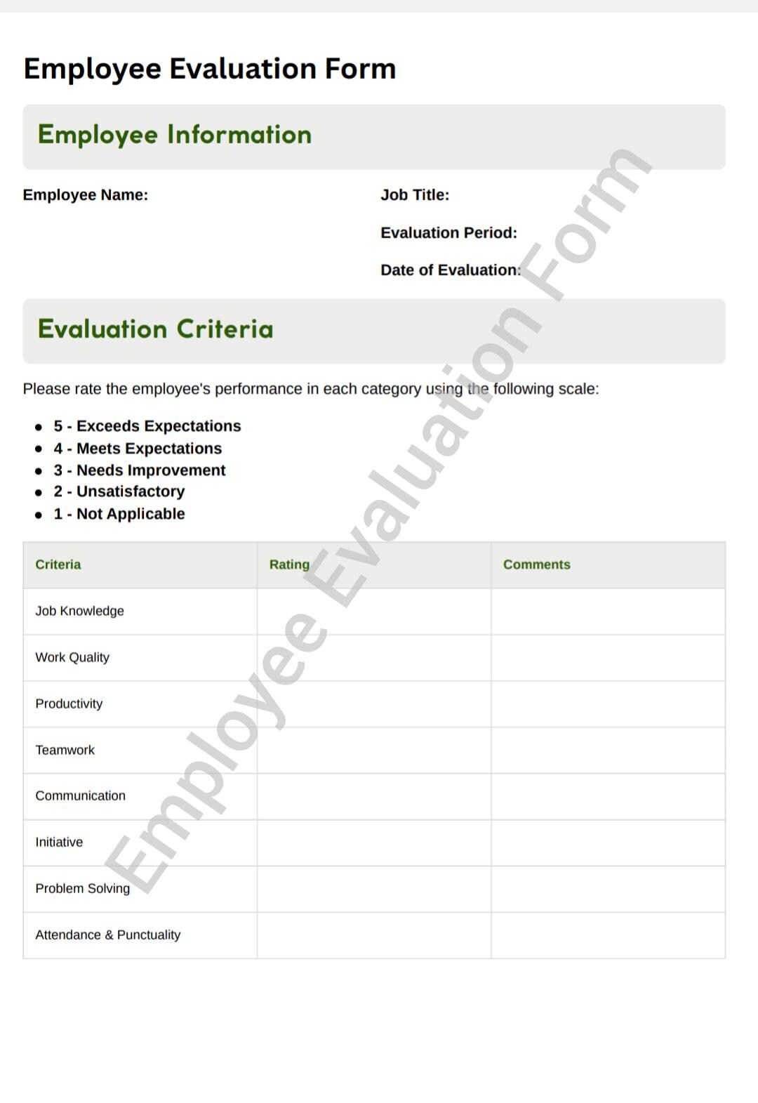 Simple Employee Evaluation Form Printable | Staff Review Template PDF ...