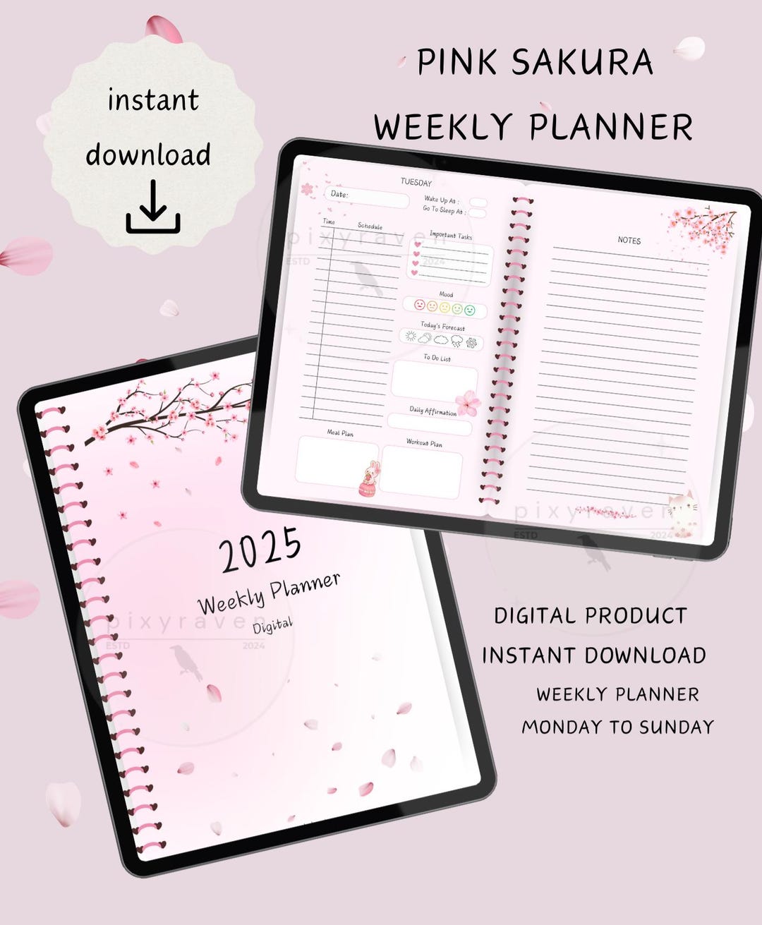 Pink Sakura Cherry Blossom Digital Weekly Planner - Aesthetic Editable ...