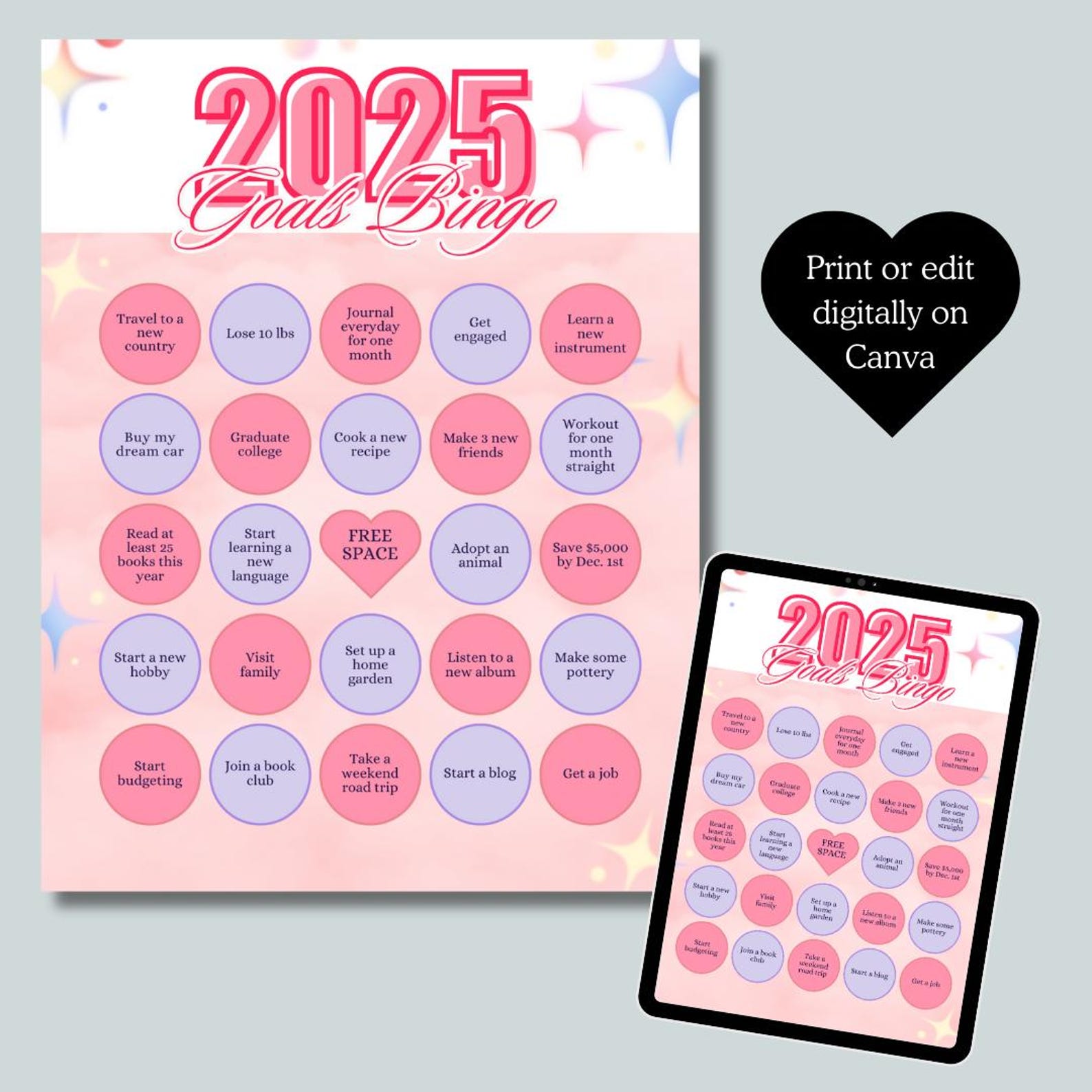 Editable 2025 Goals Bingo Card Template, New Year Resolutions Bingo ...