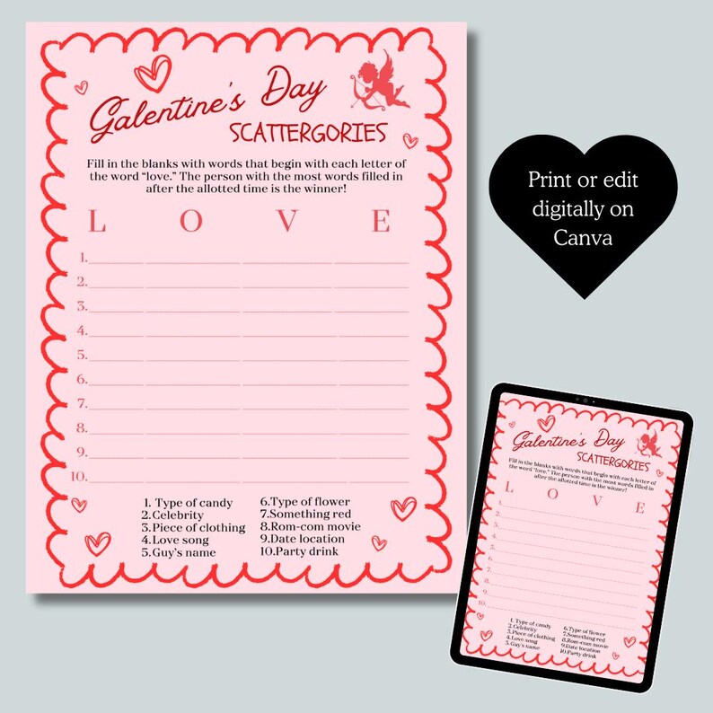 Editable Galentine's Day Party Game Scattergories, Printable Valentine ...
